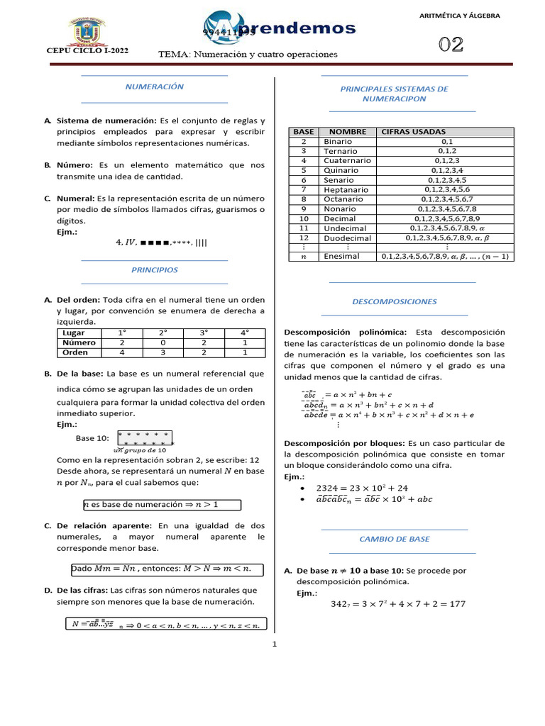 Pract. 02 - Aritmetica y Algebra - Aprendemos | PDF | Números | Notación