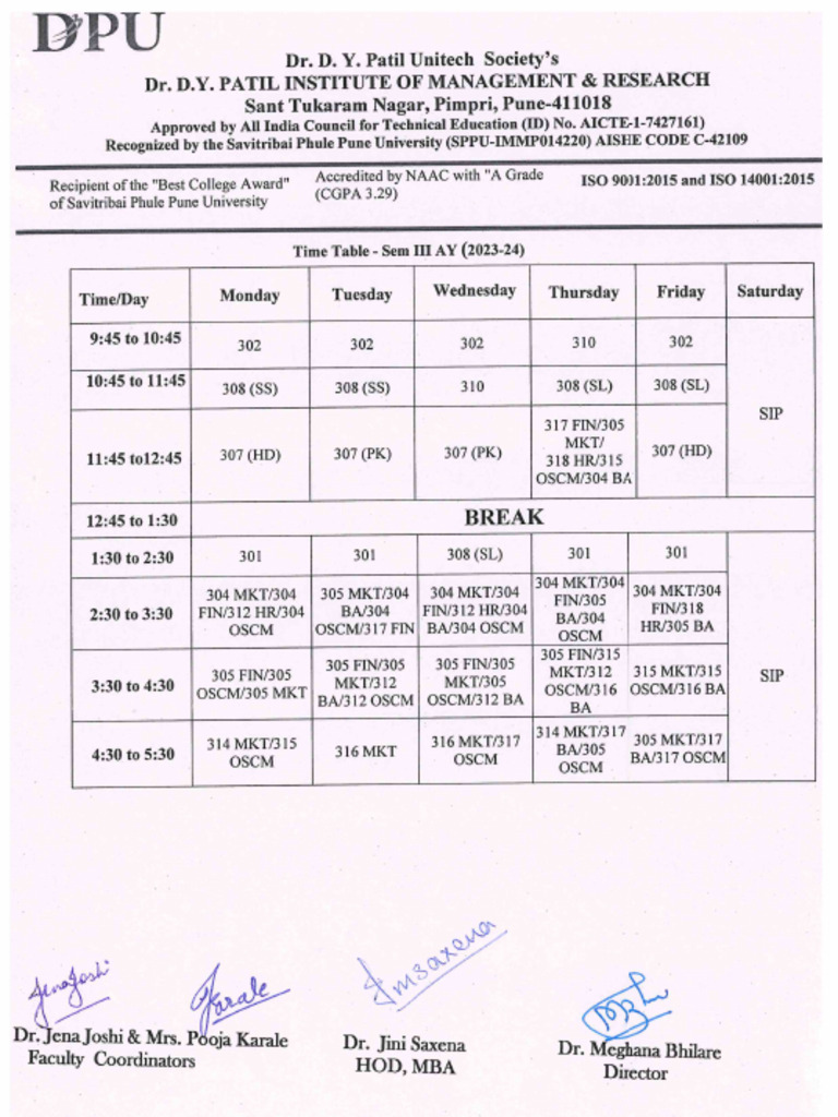 Time Table 2nd Year Pdf