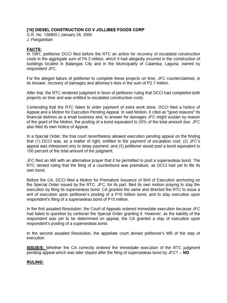Diesel Construction V Jollibee Foods Corp | PDF | Appeal | Supersedeas Bond