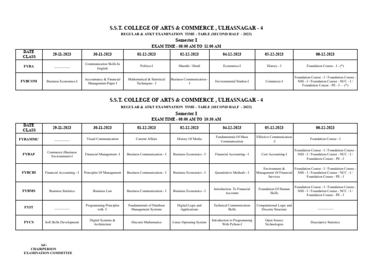 SEM I REGULAR ATKT TIME TABLE November 2023 Google Sheets | PDF ...