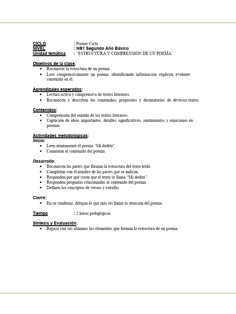 Planificación Clase #1 - Estructura y Comprensión de Un Poema 2 | PDF ...