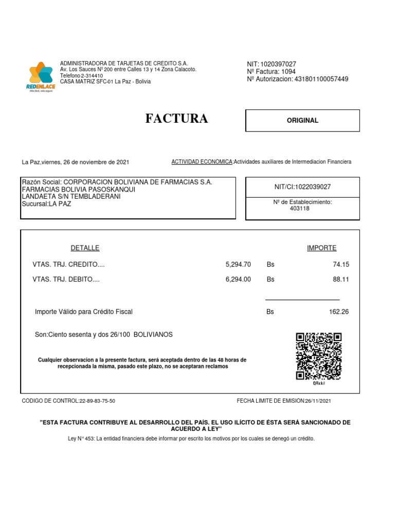 Factura: La Paz, Viernes, 26 de Noviembre de 2021 | PDF