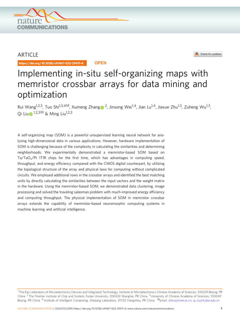 Implementing In-Situ Self-Organizing Maps With Memristor Crossbar Arrays For | PDF | Matrix ...