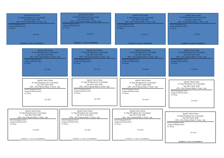 Contoh Etiket Obat Apotek Biru | PDF