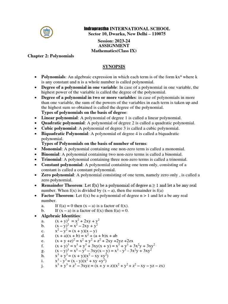 Polynomials Class 9 Pdf Polynomial Algebra