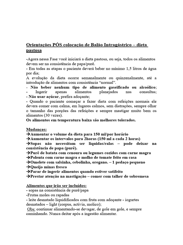 Dieta Pastosa Pós-Balão Intragástrico | PDF | Alimentos | Culináriar