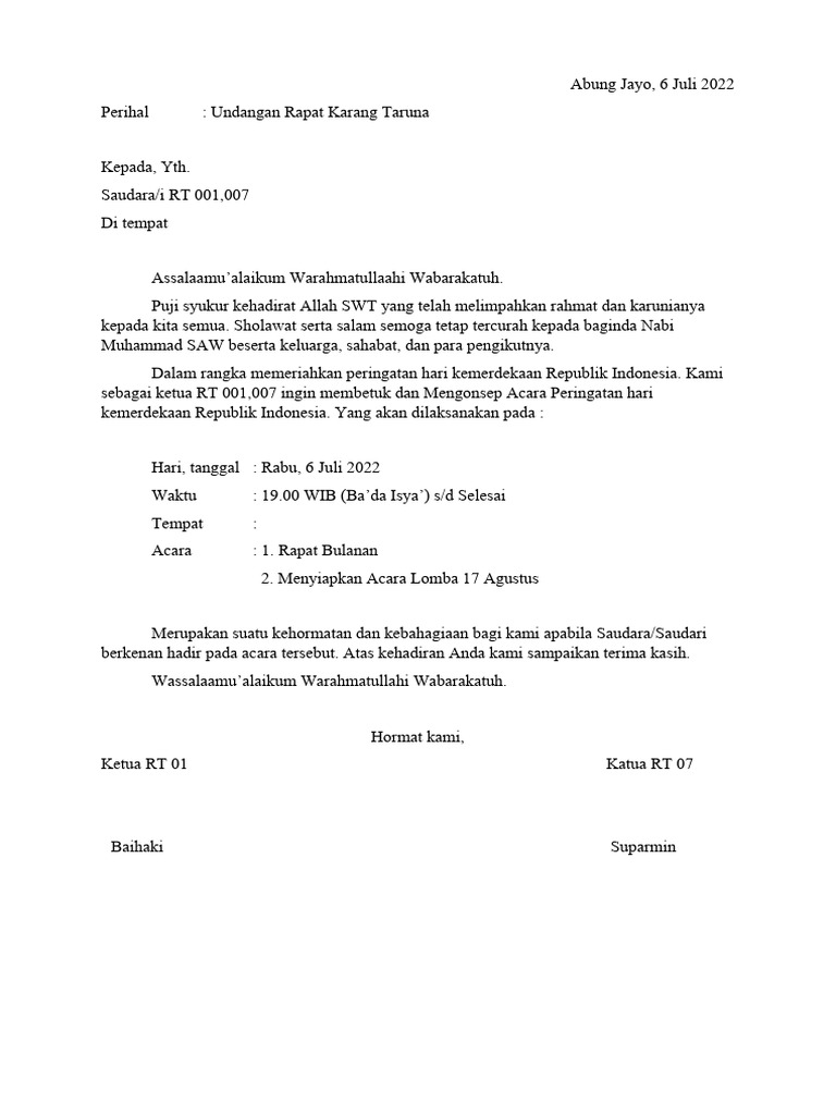 Contoh Undangan Rapat Karang Taruna 1 | PDF