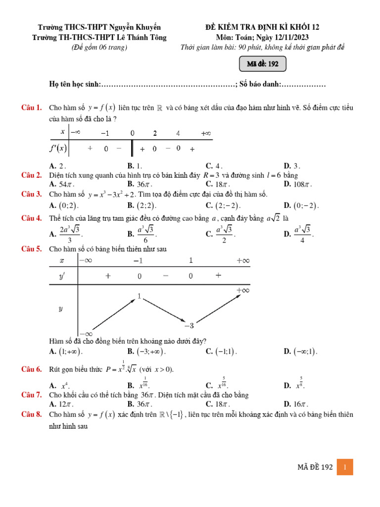 De Kiem Tra Toan 12 Nam 2023 2024 Truong Nguyen Khuyen Le Thanh Tong TP HCM | PDF
