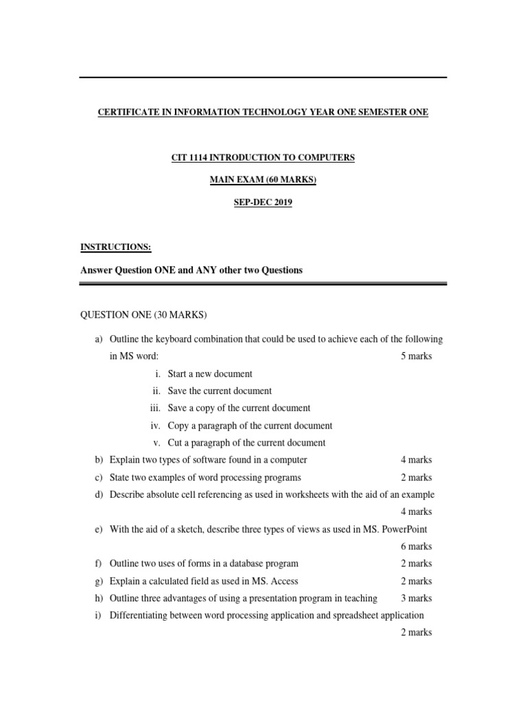 Cit 1114 Computer Application Main Exam | PDF | Spreadsheet | Databases