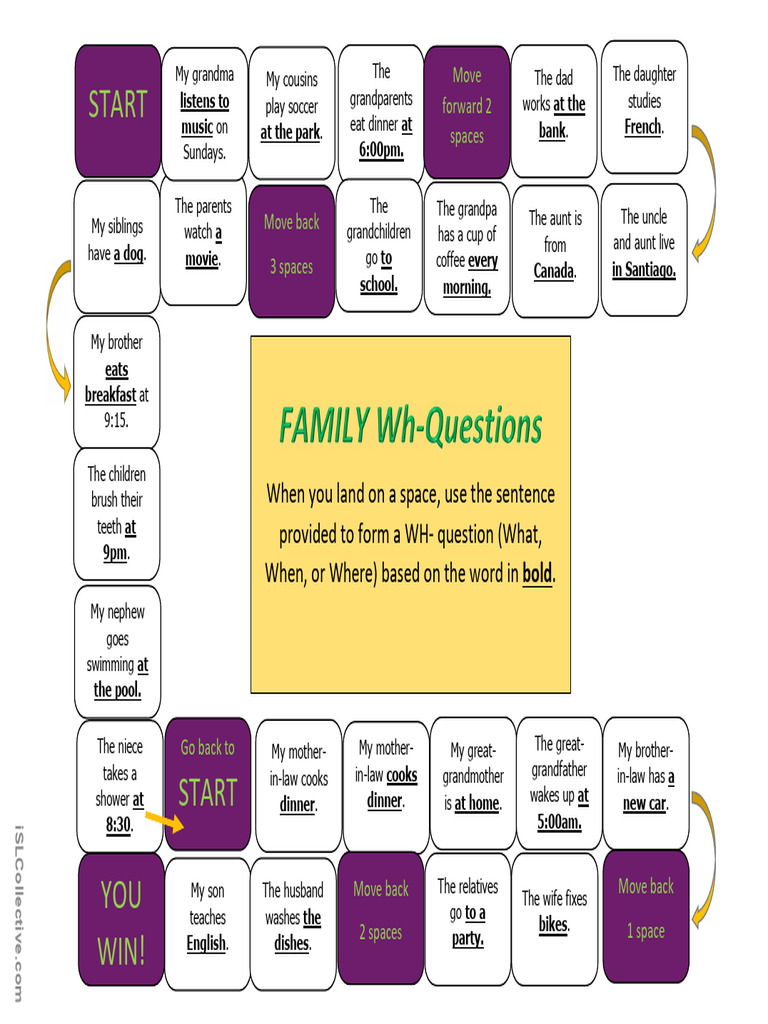 WH - Questions Board Game With Family Vocabulary - Present Simple | PDF ...