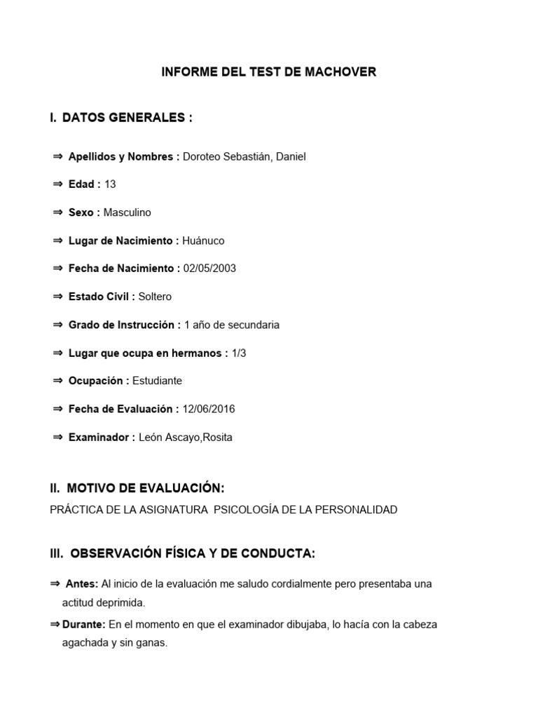 Informe Del Test de Machover | PDF | Ciencias del comportamiento ...