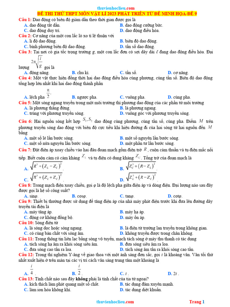 De Thi Thu TN 2023 Vat Li Phat Trien Tu de Tham Khao de 9 | PDF