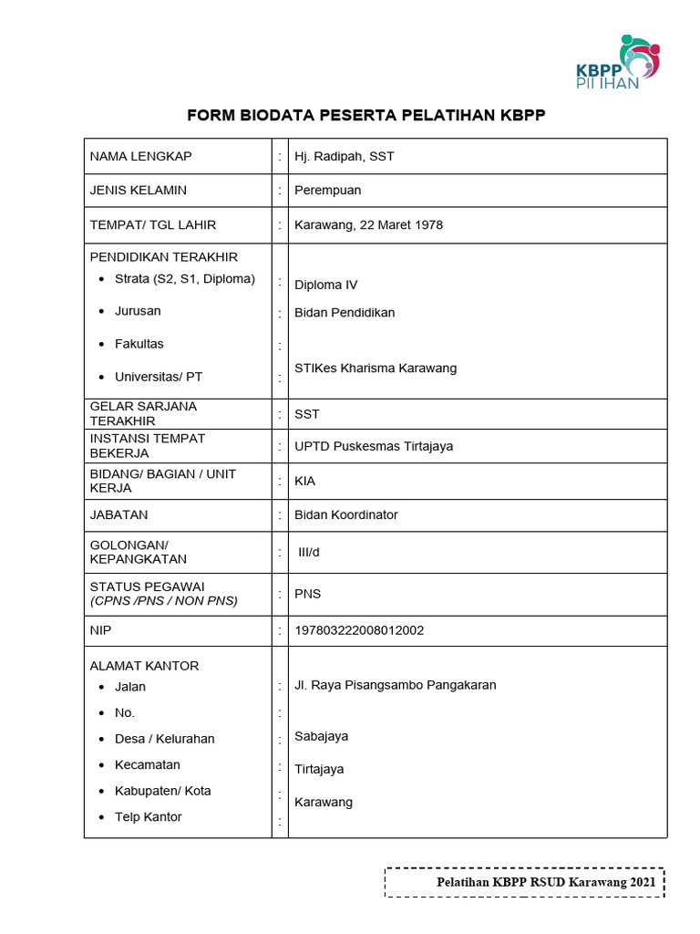 Form - Biodata - Peserta - Pelatihan KBPP | PDF