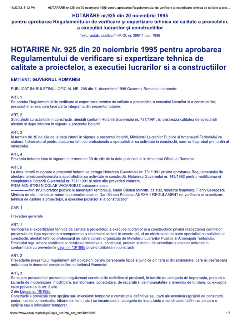 HG 925 Din 20 Noi 1995 | PDF