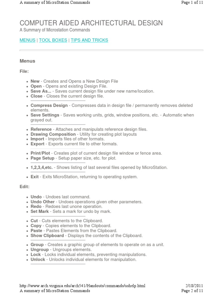 Computer Aided Architectural Design: A Summary of Microstation Commands ...