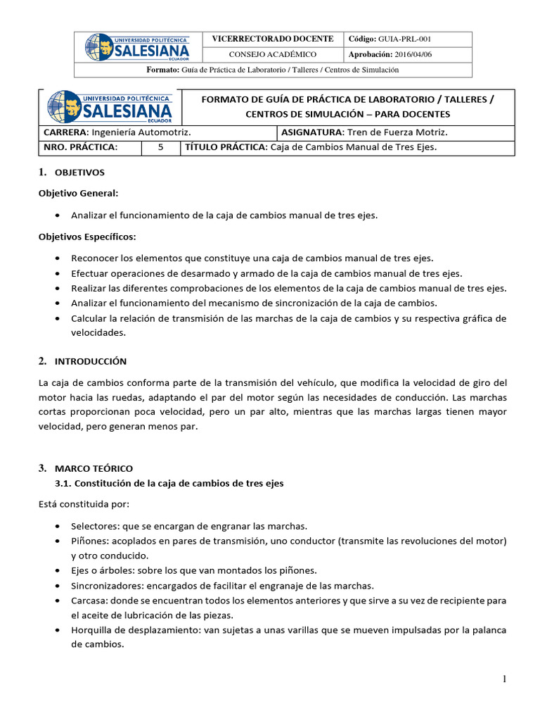 Practica 5 Cajas De Cambios De 3 Ejes Pdf Engranaje Transmisión
