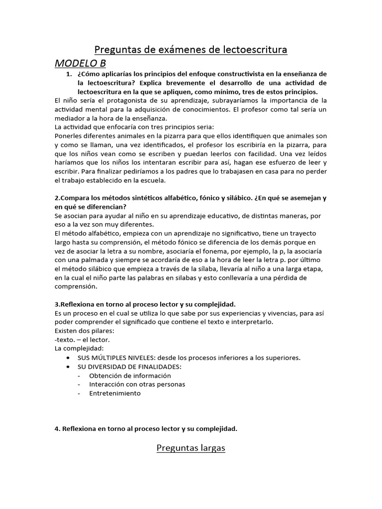 Preguntas de Exámenes de Lectoescritura Modelo A y B | PDF | Enseñando | Aprendizaje
