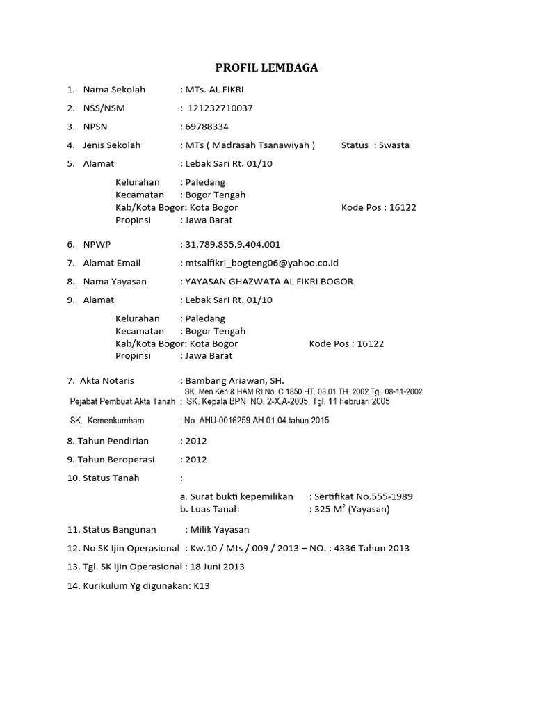 Profil MTs Al Fikri Bogor | PDF