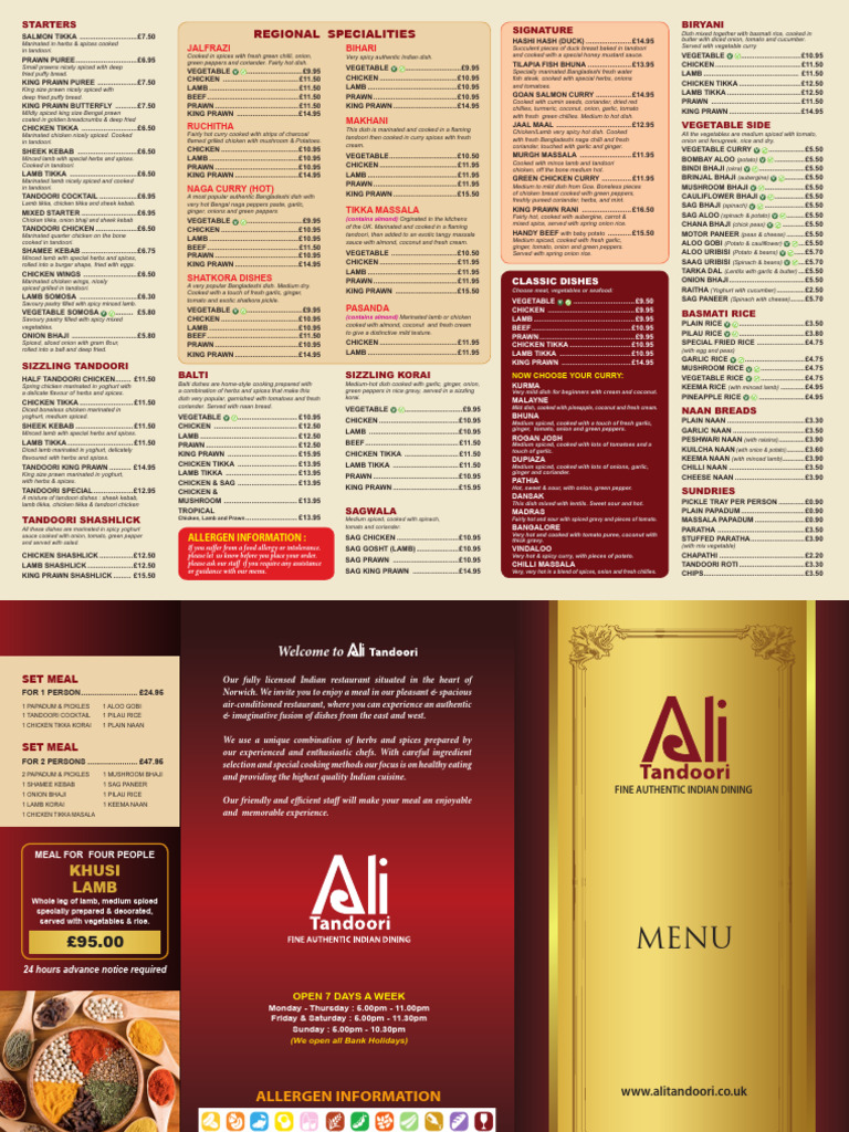 Ali Tandoori Menu Nov 2022 | PDF | Curry | Indian Cuisine
