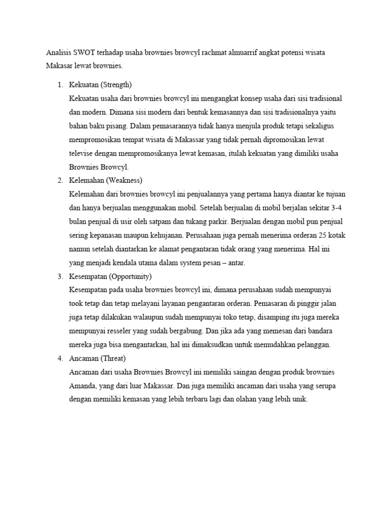 Analisis SWOT Brownies Browcyl Makassar | PDF | Bisnis | Teknologi ...