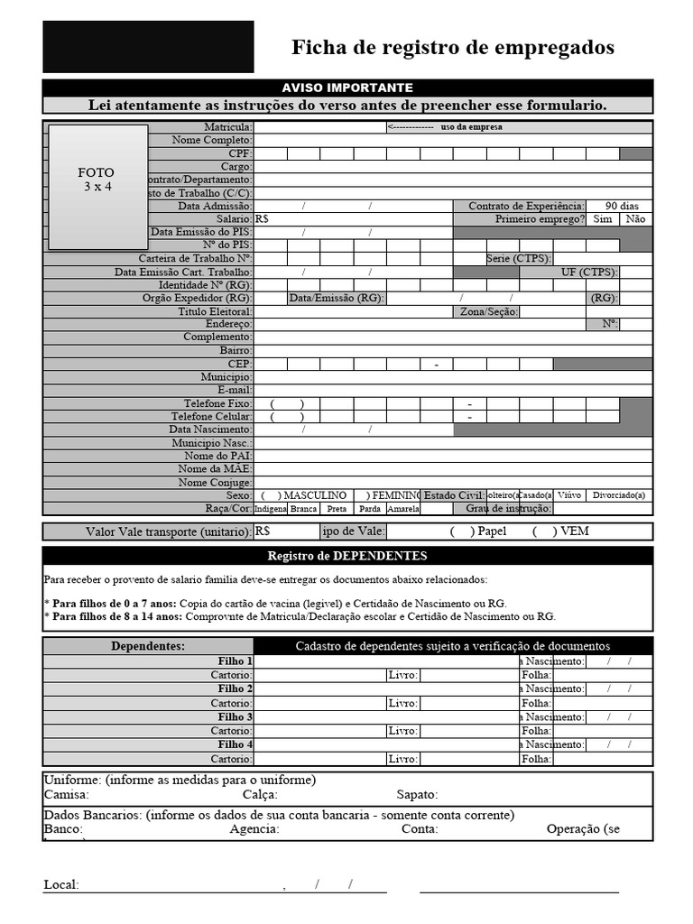 Ficha E Documentação Para Admissão Pdf
