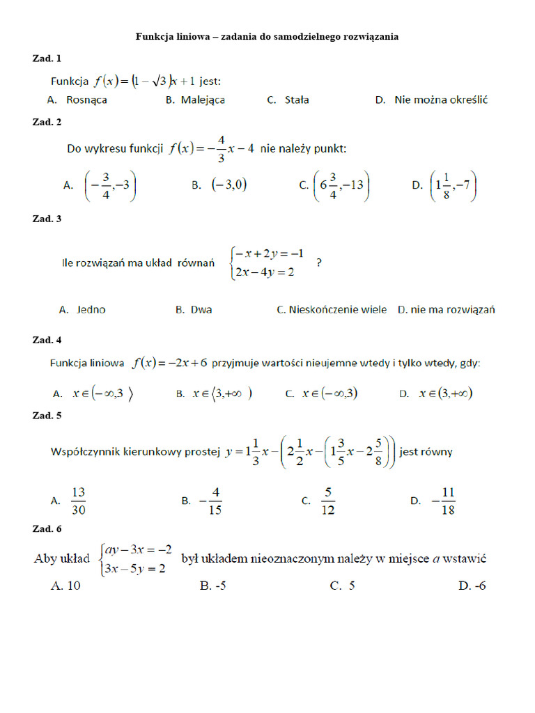 Funkcja Liniowa - Zadania Do Samodzielnego Rozwiązania 2 | PDF
