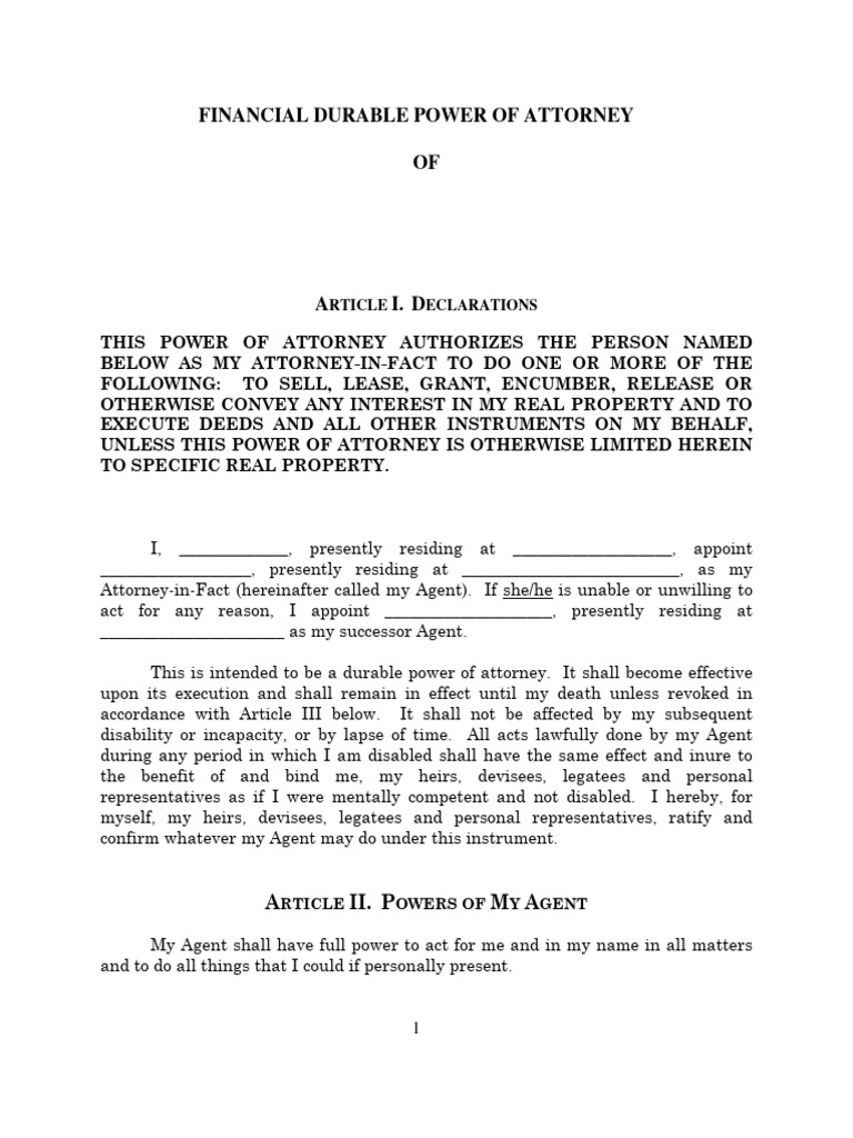 Financial Durable Power of Attorney Template | PDF | Power Of Attorney ...
