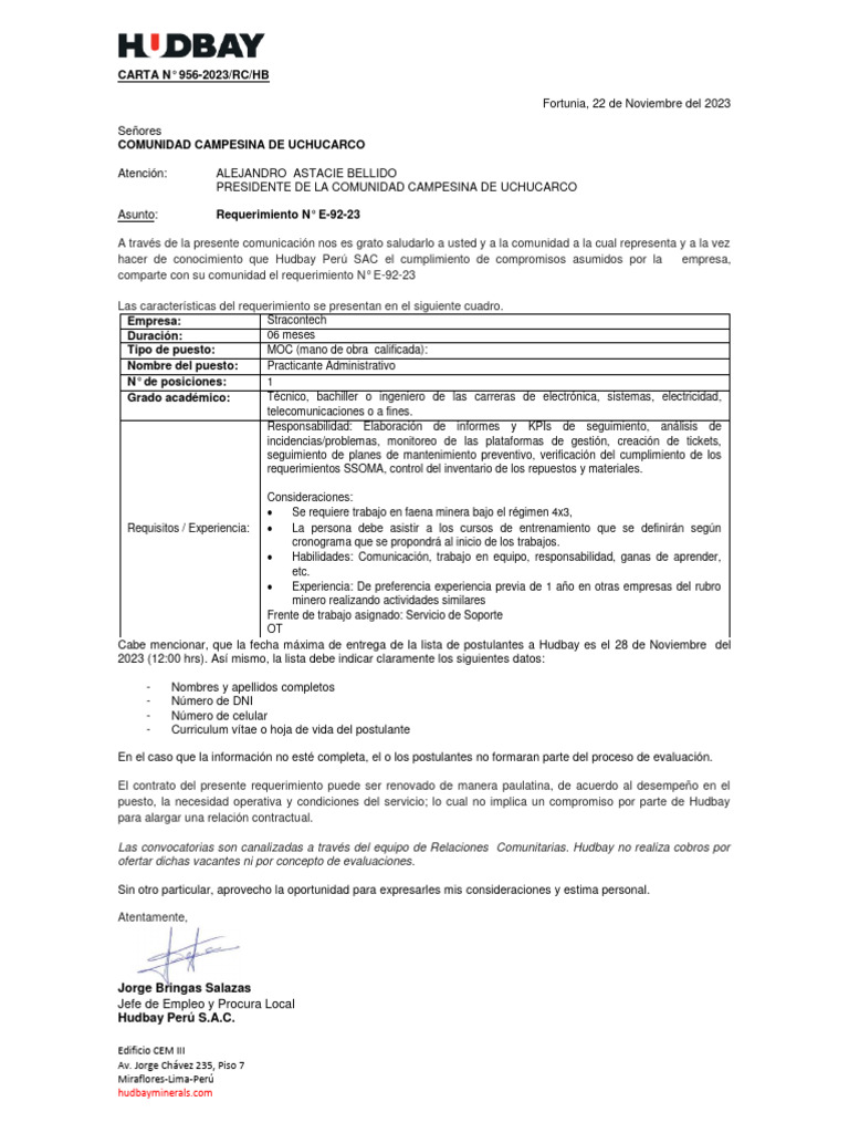 Carta 956 - Uchucarcco - E-92-23 - Practicante Administrativo ...