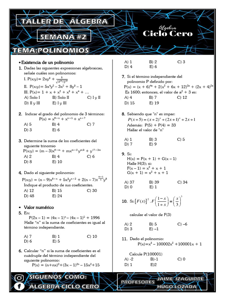 Álgebra Ciclo Cero - Taller de Álgebra - Semana #2 | PDF | Álgebra | Relaciones matematicas
