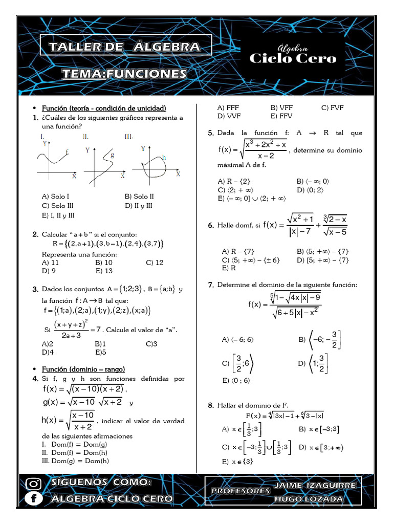 Álgebra Ciclo Cero - Taller de Álgebra - Funciones I | PDF | Matemática Elemental | Álgebra ...