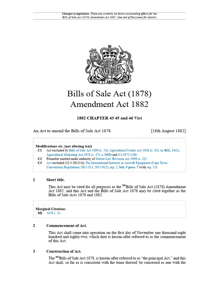 Bills of Sale Act 1878 Amendment Act 1882 | PDF | Bill Of Sale | Repeal