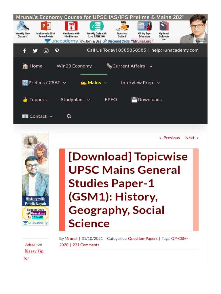 (Download) Topicwise UPSC Mains General Studies Paper-1 (GSM1 ...