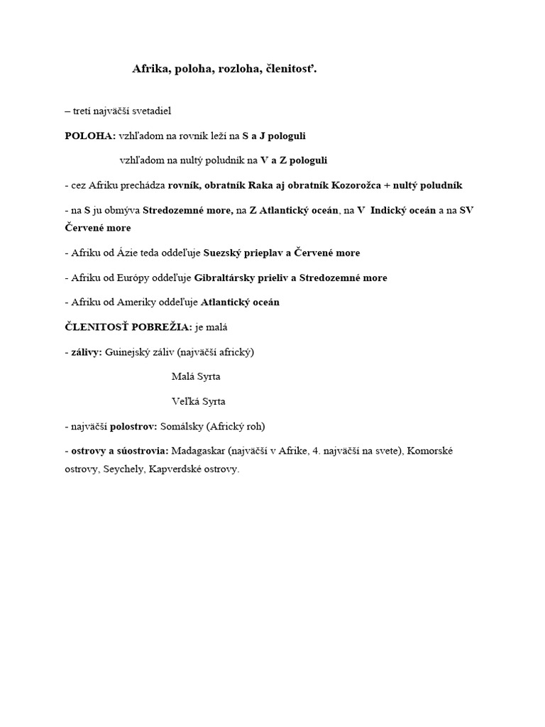 Afrika, Poloha, Rozloha, Členitosť-Poznámky | PDF