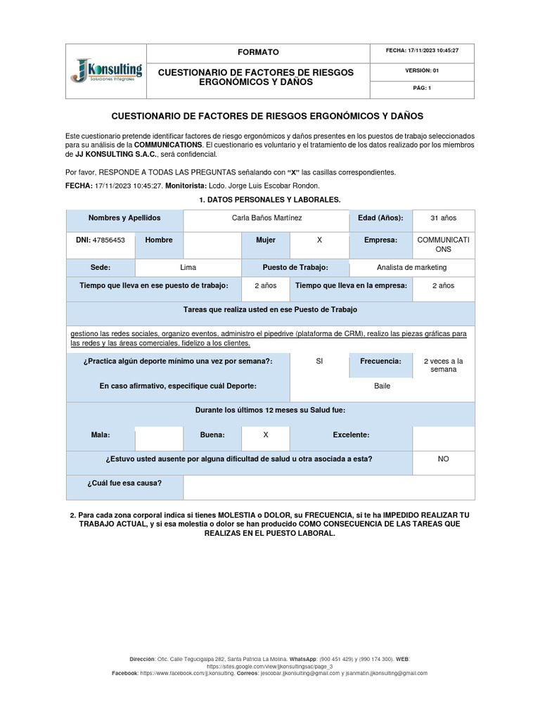 Monitoreo Riesgo Disergonómico Carla Baños Martínez - 47856453 | PDF | Factores humanos y ergonomía