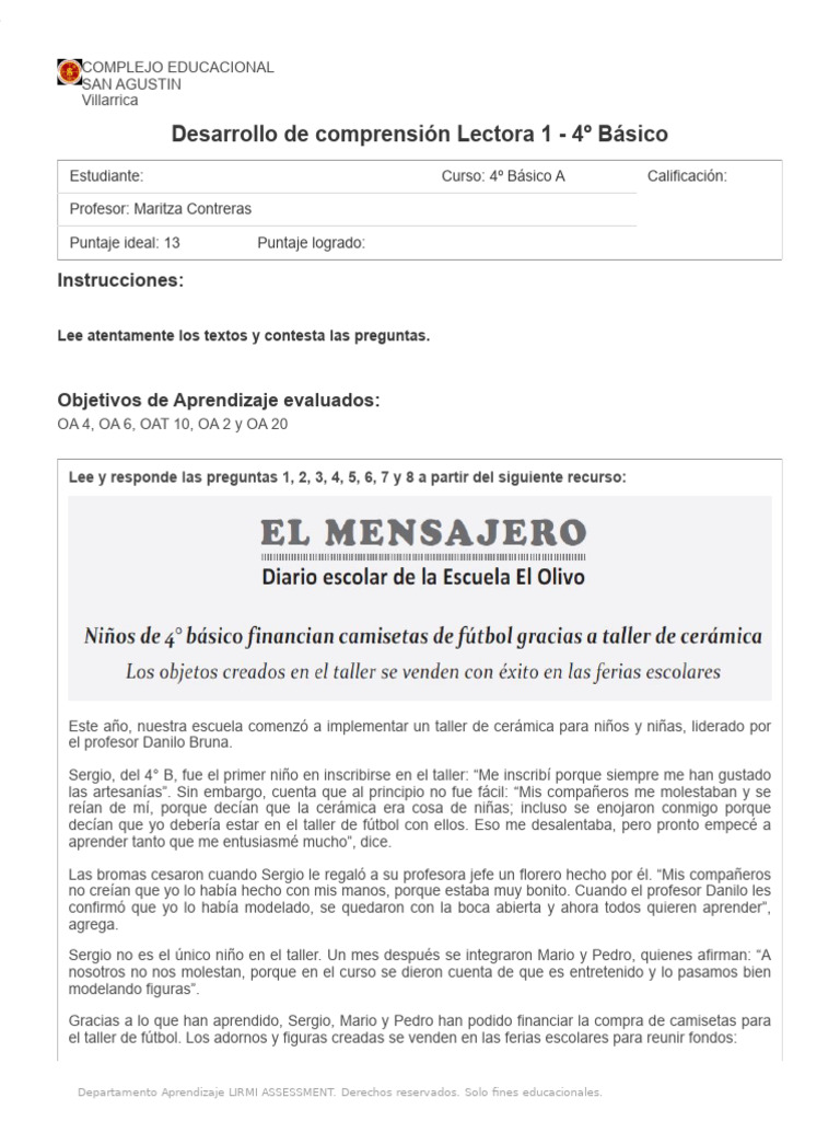 Desarrollo de Comprension Lectora 1 | PDF