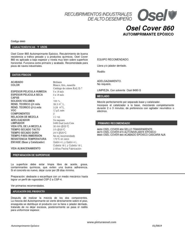 Osel Cover 860: Epóxico Autoimprimante para Pisos Industriales | PDF ...