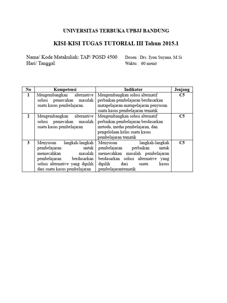 Kisi-Kisi Tugas Tutorial III PGSD 4500 | PDF | Kesehatan Holistik ...