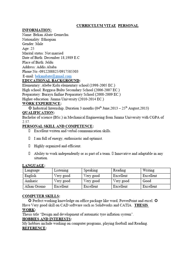Curriculum Vitae Personal Information:: TH TH | PDF | Ethiopia