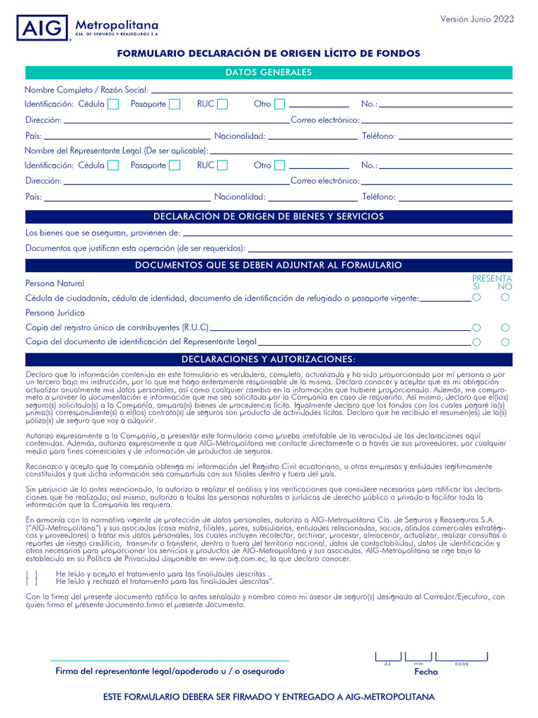 Formulario Declaracion de Origen Licito | PDF | Seguro | Justicia
