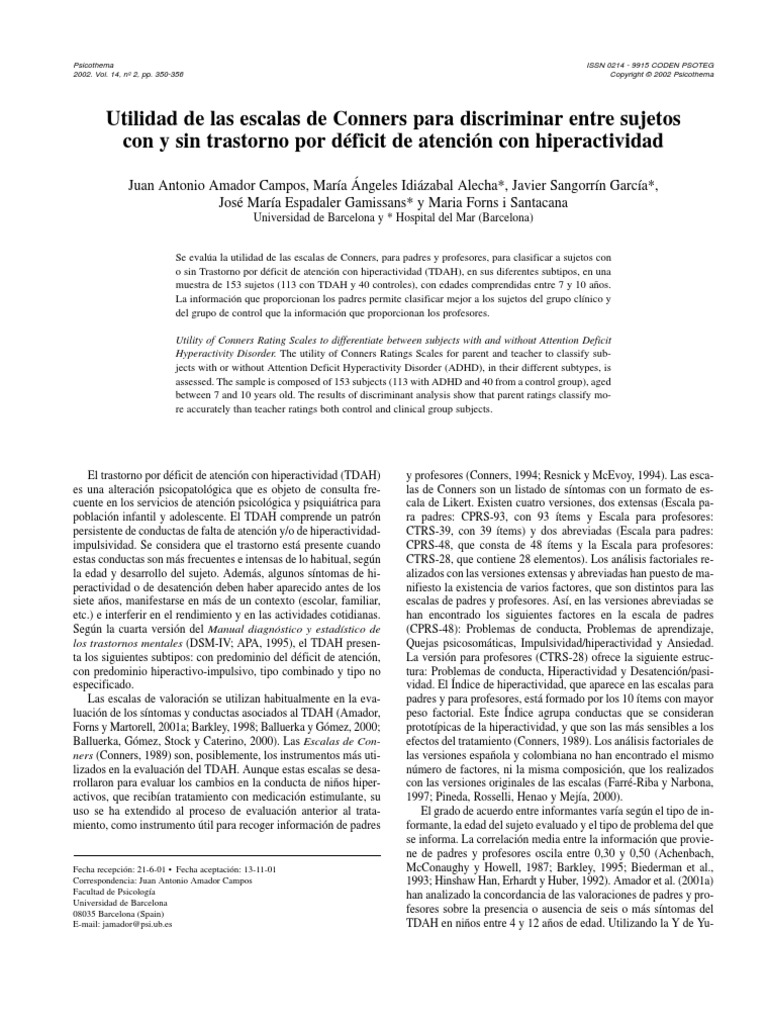 Escala de Conners I | PDF | Desorden hiperactivo y deficit de atencion ... Escala de Conners I | PDF | Desorden hiperactivo y deficit de atencion ...