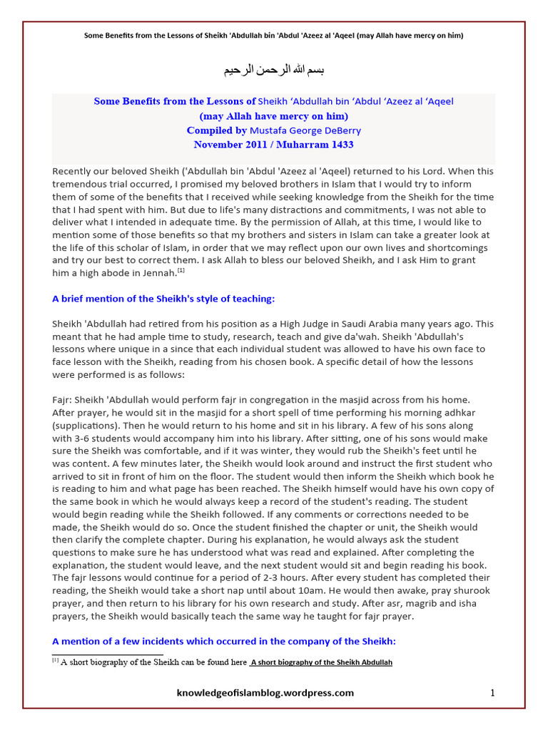 Some Benefits From The Lessons of Sheikh Abdullah Bin Abdul Azeez Al Aqeel 2011 | PDF | God In ...