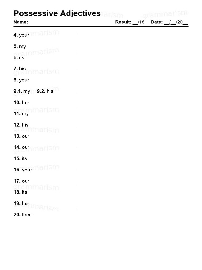 Grammarism Possessive Adjectives Test 1 Answers 2257582 | PDF
