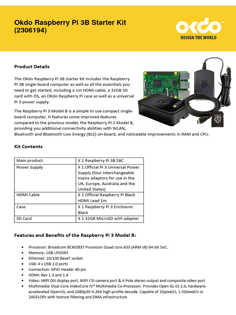 OKdo Raspberry Pi 3 Started Kit Datasheet | PDF | Raspberry Pi ...