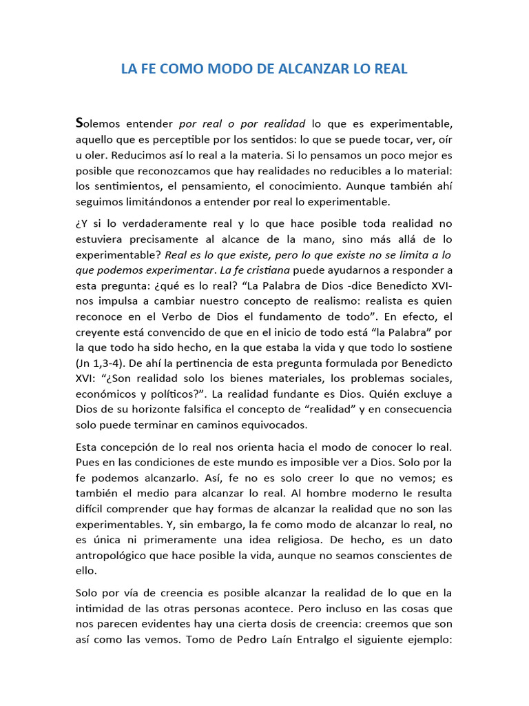 La Fe Como Modo de Alcanzar Lo Real | PDF | Realidad | Realismo filosófico
