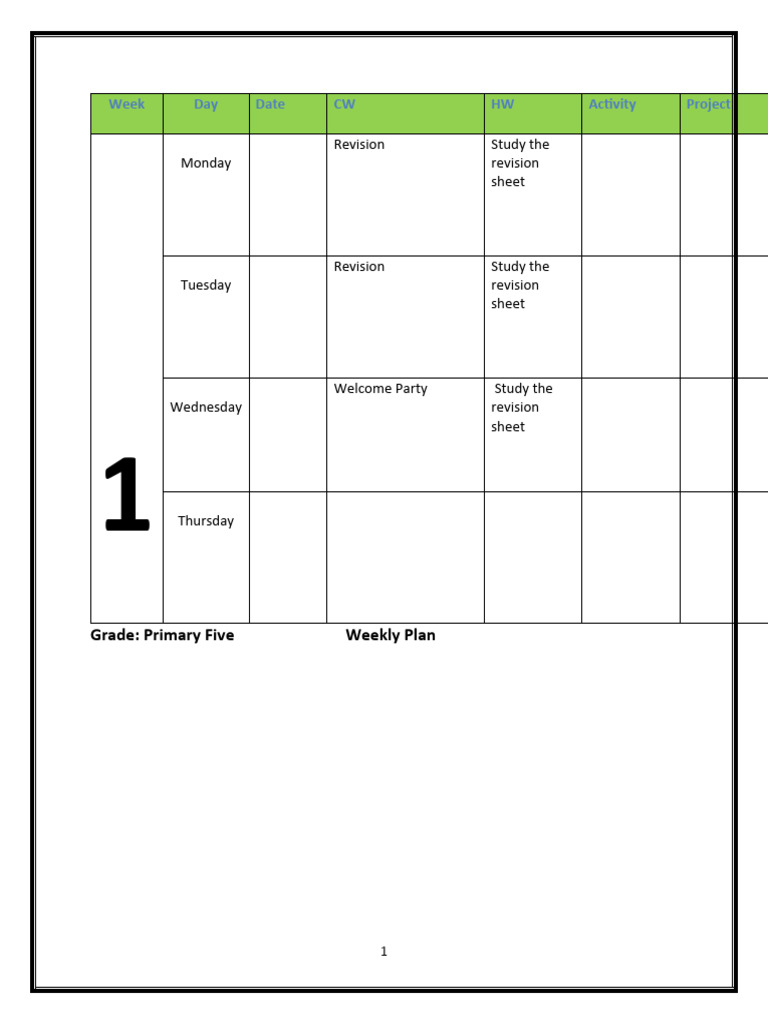 Primary Five Weekly Lesson Plan | PDF | Linguistics | Syntax