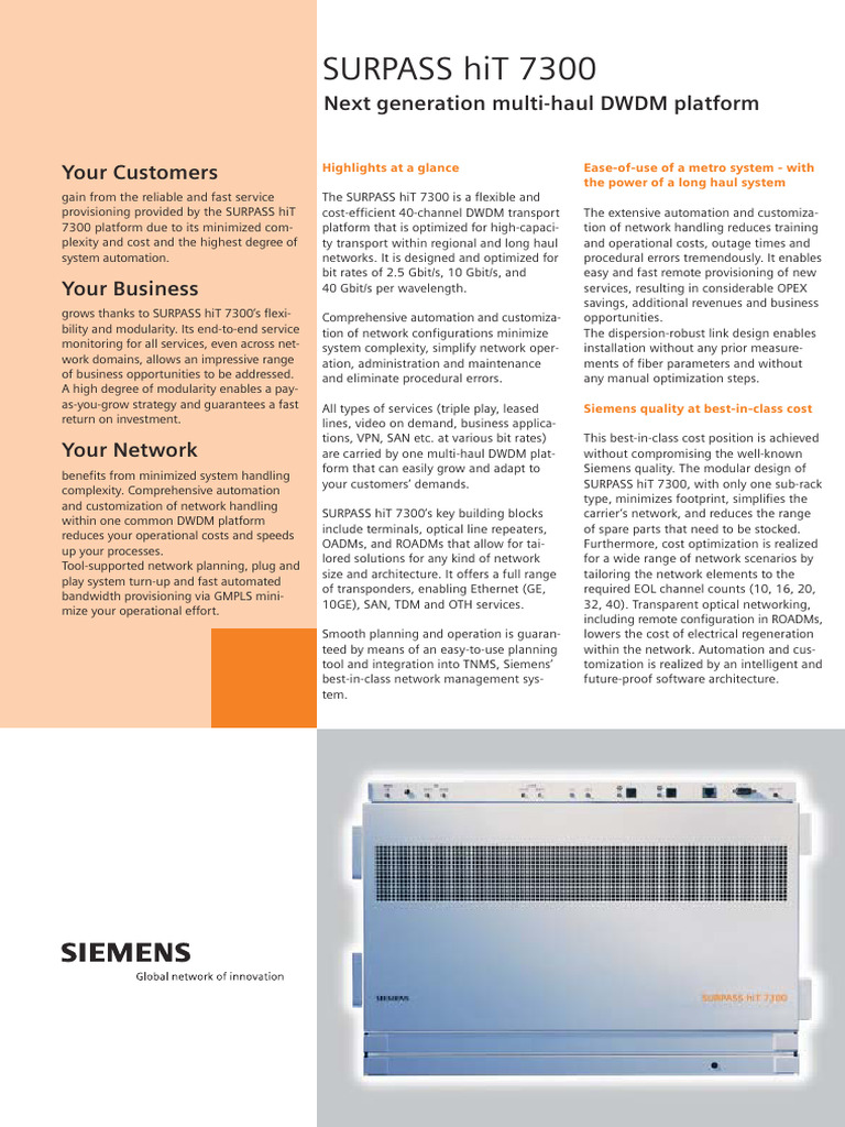 SURPASS Hit 7300 | PDF | Computer Network | Wavelength Division Multiplexing