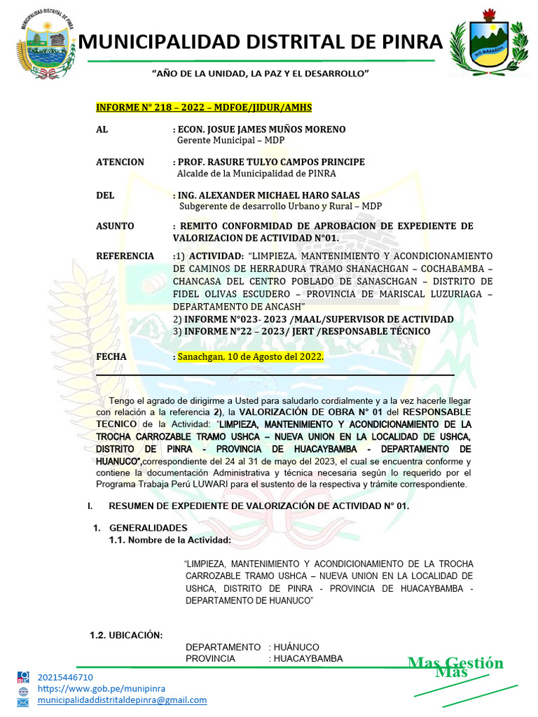 Informe N°124 - Remito Aprobacion de Valorizacion #01 Act. Pinra Ushca ...
