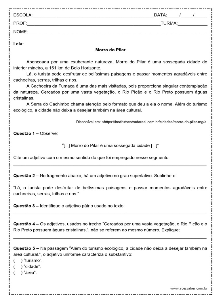 Atividade de Portugues Adjetivos 8o Ano Word | PDF