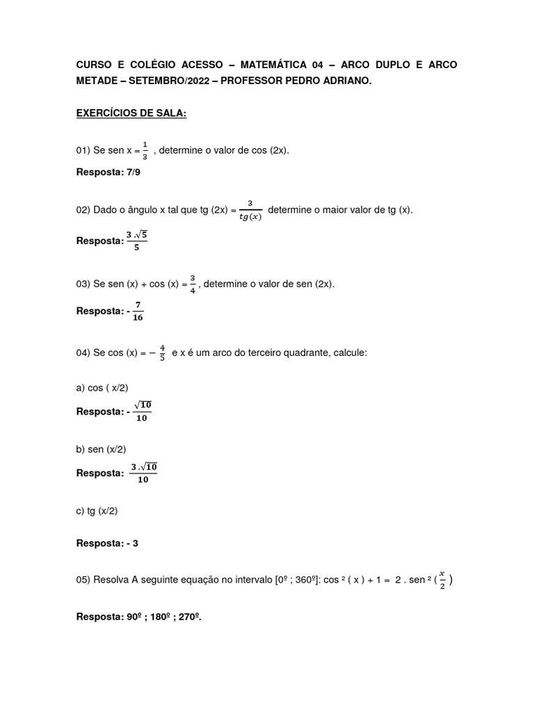 Exercícios de Matemática: Arco Duplo e Metade | PDF | Triângulo | Curva
