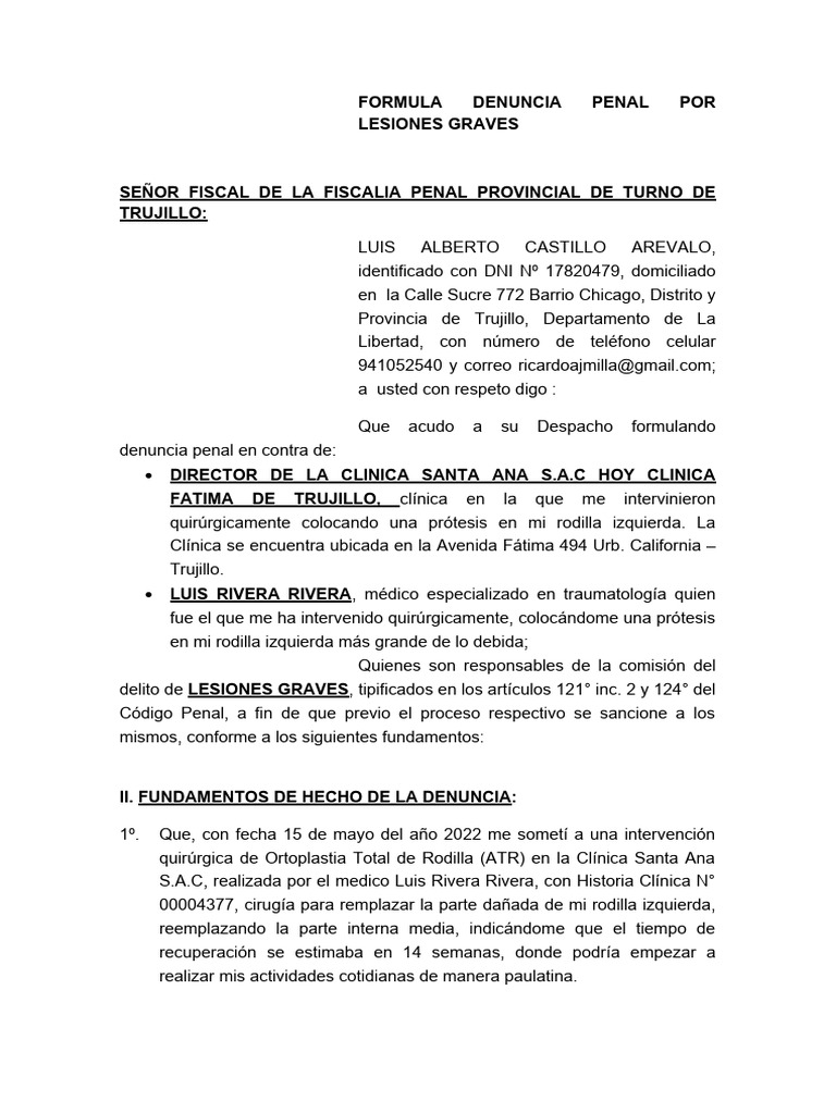 Formula Denuncia Penal Lesiones | PDF